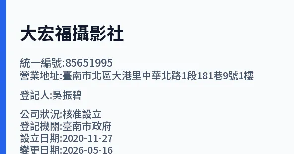 大宏福攝影社的照片-統編 85651995(臺南市) 公司登記資料與營業項目詳細圖表