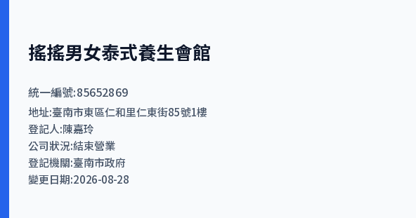 搖搖男女泰式養生會館的照片-統編 85652869(臺南市) 公司登記資料與營業項目詳細圖表