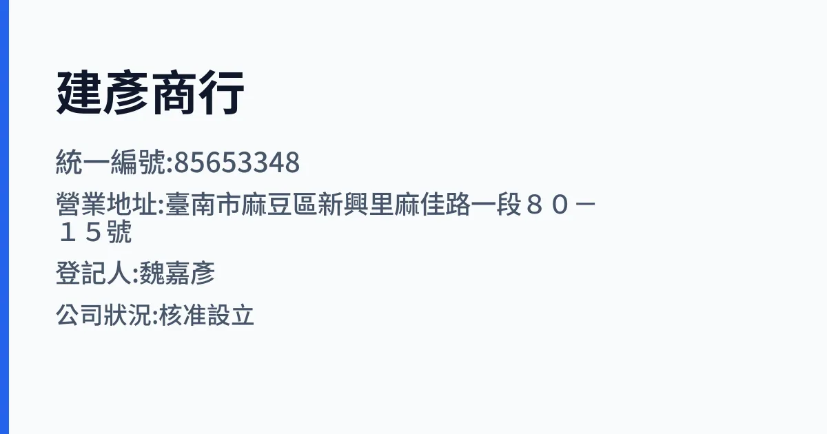 建彥商行 - 統編 85653348（臺南市） 公司登記資料與營業項目詳細圖表