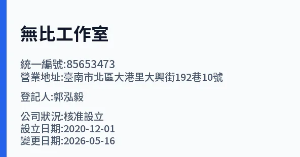 無比工作室的照片-統編 85653473(臺南市) 公司登記資料與營業項目詳細圖表