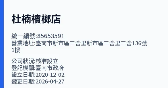 杜楠檳榔店的照片-統編 85653591(臺南市) 公司登記資料與營業項目詳細圖表