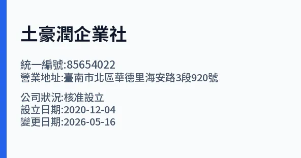土豪潤企業社的照片-統編 85654022(臺南市) 公司登記資料與營業項目詳細圖表