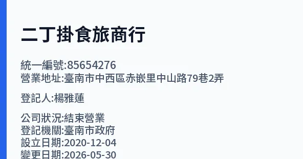 二丁掛食旅商行的照片-統編 85654276(臺南市) 公司登記資料與營業項目詳細圖表
