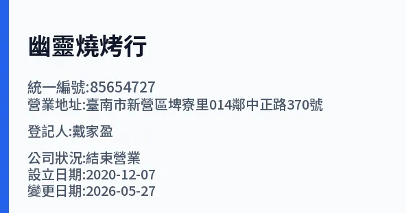 幽靈燒烤行的照片-統編 85654727(臺南市) 公司登記資料與營業項目詳細圖表