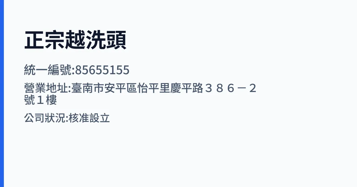 正宗越洗頭 - 統編 85655155(臺南市) 公司登記資料與營業項目詳細圖表