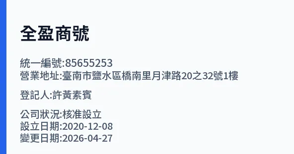 全盈商號的照片-統編 85655253(臺南市) 公司登記資料與營業項目詳細圖表