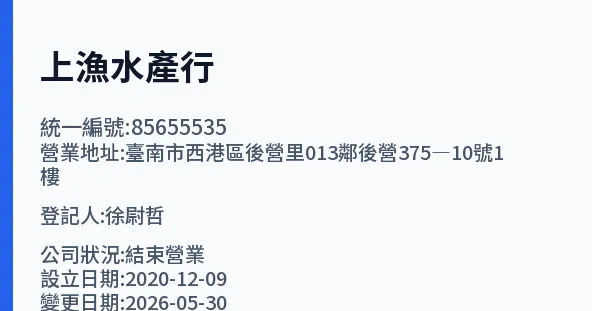 上漁水產行的照片-統編 85655535(臺南市) 公司登記資料與營業項目詳細圖表