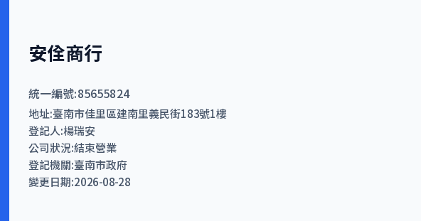 安佺商行的照片-統編 85655824(臺南市) 公司登記資料與營業項目詳細圖表