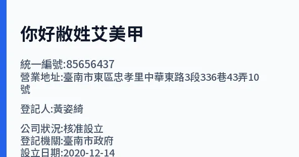 你好敝姓艾美甲的照片-統編 85656437(臺南市) 公司登記資料與營業項目詳細圖表