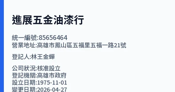 進展五金油漆行的照片-統編 85656464(高雄市) 公司登記資料與營業項目詳細圖表