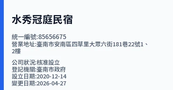 水秀冠庭民宿的照片-統編 85656675(臺南市) 公司登記資料與營業項目詳細圖表