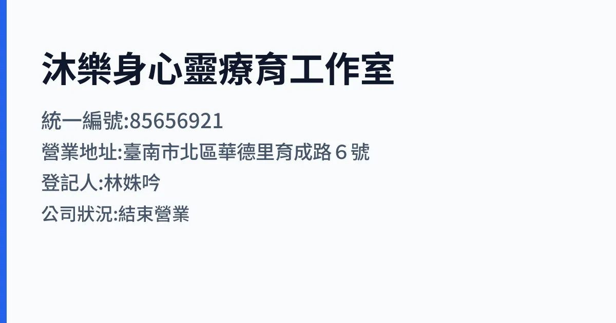 沐樂身心靈療育工作室 - 統編 85656921（臺南市） 公司登記資料與營業項目詳細圖表