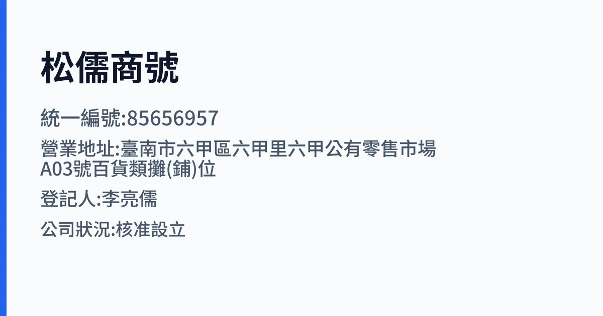 松儒商號 - 統編 85656957(臺南市) 公司登記資料與營業項目詳細圖表