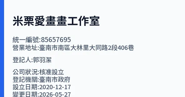 米栗愛畫畫工作室的照片-統編 85657695(臺南市) 公司登記資料與營業項目詳細圖表