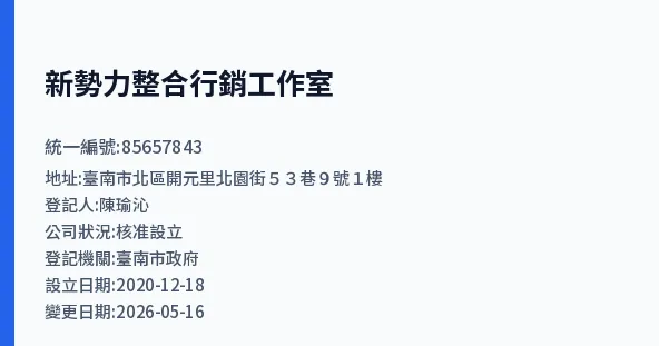 新勢力整合行銷工作室的照片-統編 85657843(臺南市) 公司登記資料與營業項目詳細圖表