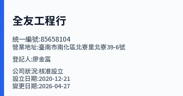 全友工程行的照片-統編 85658104(臺南市) 公司登記資料與營業項目詳細圖表