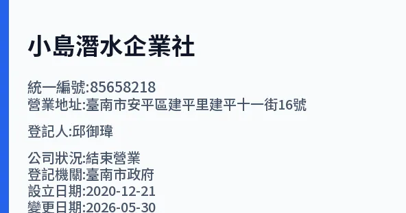小島潛水企業社的照片-統編 85658218(臺南市) 公司登記資料與營業項目詳細圖表