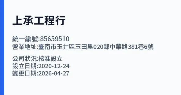 上承工程行的照片-統編 85659510(臺南市) 公司登記資料與營業項目詳細圖表