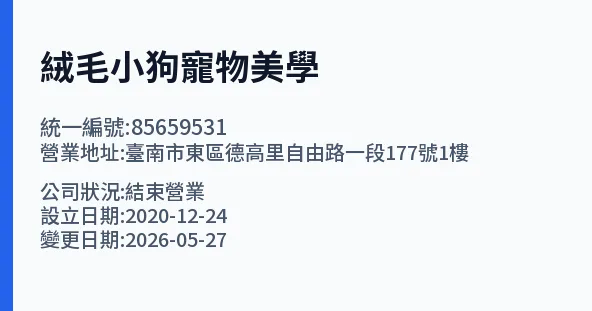 絨毛小狗寵物美學的照片-統編 85659531(臺南市) 公司登記資料與營業項目詳細圖表
