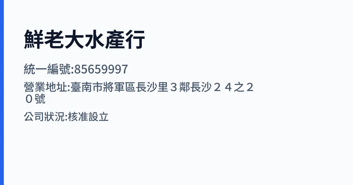 鮮老大水產行 - 統編 85659997（臺南市） 公司登記資料與營業項目詳細圖表