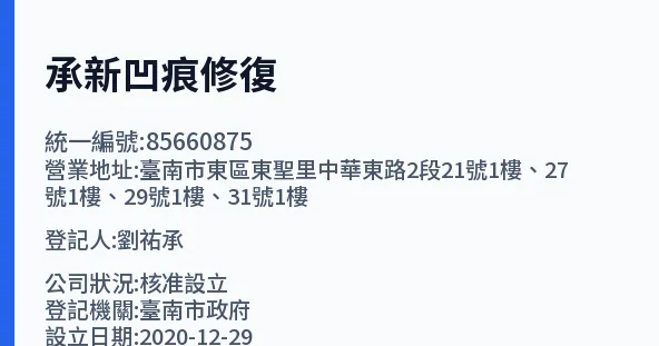承新凹痕修復的照片-統編 85660875(臺南市) 公司登記資料與營業項目詳細圖表