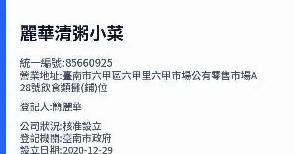 麗華清粥小菜的照片-統編 85660925(臺南市) 公司登記資料與營業項目詳細圖表