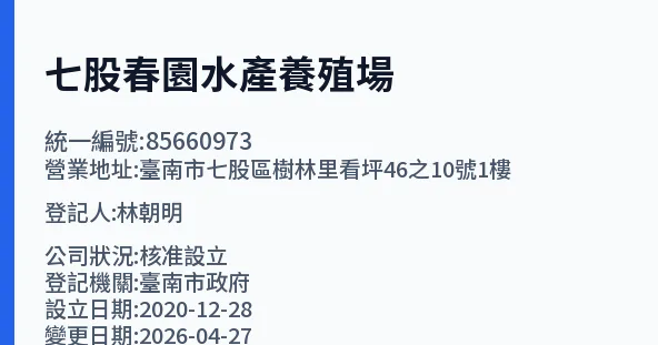 七股春園水產養殖場的照片-統編 85660973(臺南市) 公司登記資料與營業項目詳細圖表