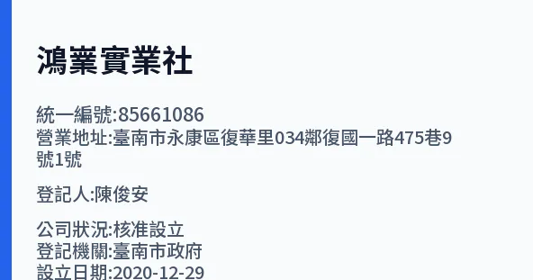 鴻嶪實業社的照片-統編 85661086(臺南市) 公司登記資料與營業項目詳細圖表
