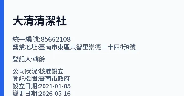 大清清潔社的照片-統編 85662108(臺南市) 公司登記資料與營業項目詳細圖表