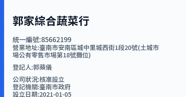 郭家綜合蔬菜行的照片-統編 85662199(臺南市) 公司登記資料與營業項目詳細圖表
