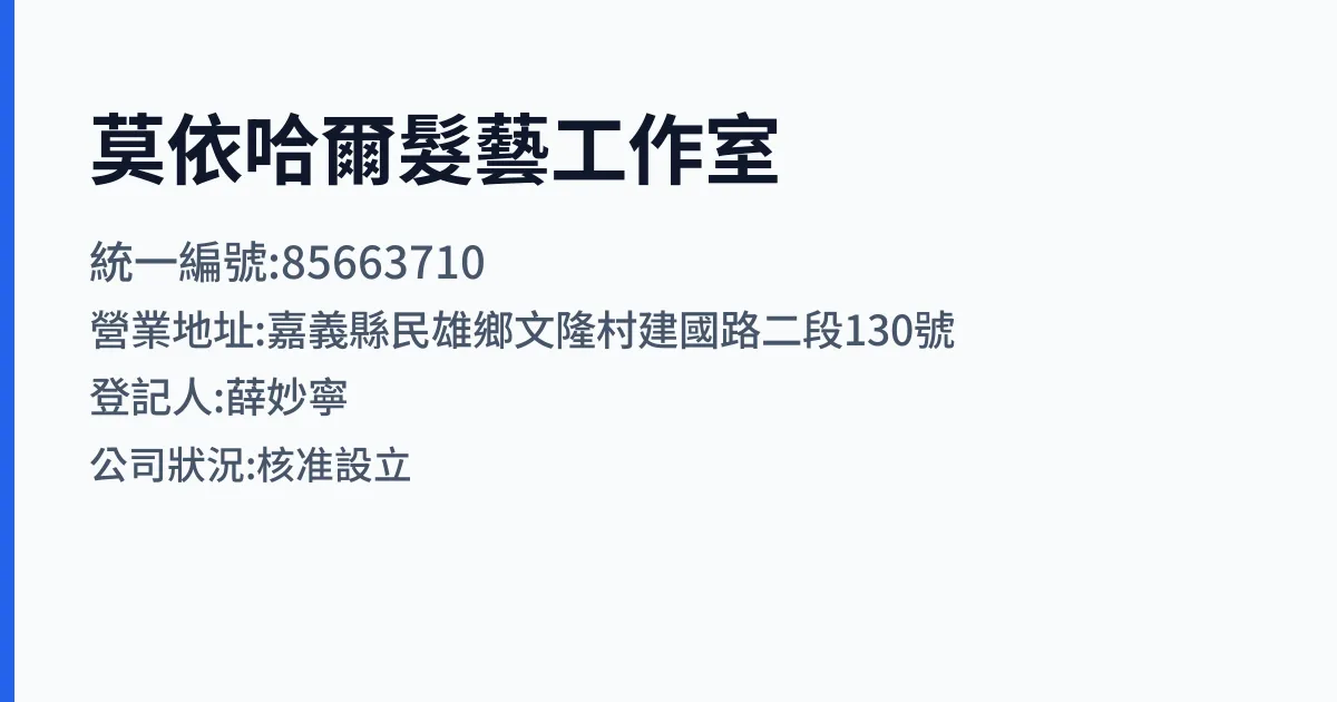 莫依哈爾髮藝工作室 - 統編 85663710(嘉義縣) 公司登記資料與營業項目詳細圖表