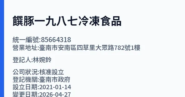 饌豚一九八七冷凍食品的照片-統編 85664318(臺南市) 公司登記資料與營業項目詳細圖表