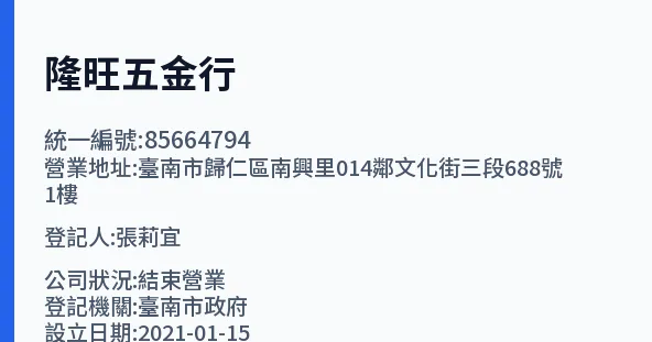 隆旺五金行的照片-統編 85664794(臺南市) 公司登記資料與營業項目詳細圖表