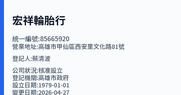 宏祥輪胎行的照片-統編 85665920(高雄市) 公司登記資料與營業項目詳細圖表