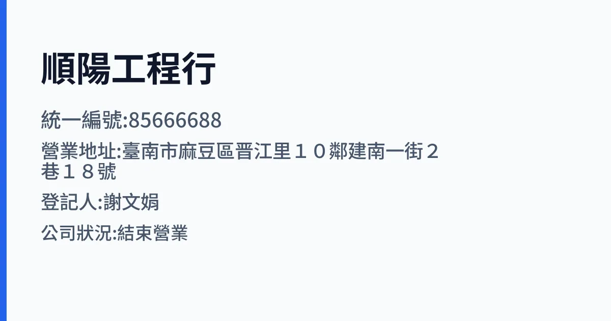 順陽工程行 - 統編 85666688(臺南市) 公司登記資料與營業項目詳細圖表