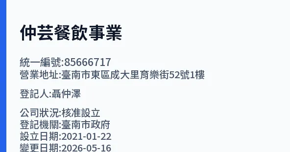 仲芸餐飲事業的照片-統編 85666717(臺南市) 公司登記資料與營業項目詳細圖表