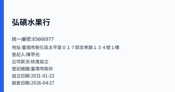 弘碩水果行的照片-統編 85666977(臺南市) 公司登記資料與營業項目詳細圖表