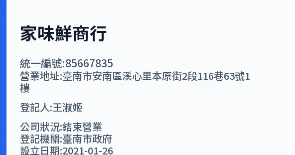 家味鮮商行的照片-統編 85667835(臺南市) 公司登記資料與營業項目詳細圖表