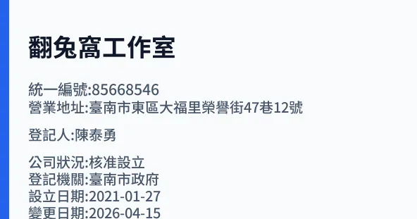 翻兔窩工作室的照片-統編 85668546(臺南市) 公司登記資料與營業項目詳細圖表