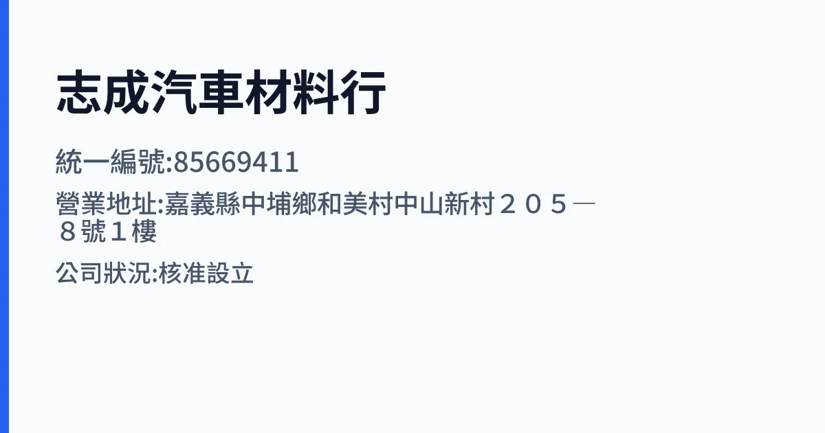 志成汽車材料行 - 統編 85669411(嘉義縣) 公司登記資料與營業項目詳細圖表