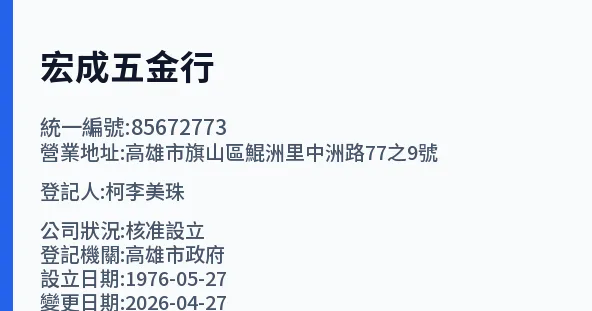 宏成五金行的照片-統編 85672773(高雄市) 公司登記資料與營業項目詳細圖表