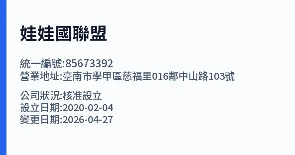 娃娃國聯盟的照片-統編 85673392(臺南市) 公司登記資料與營業項目詳細圖表
