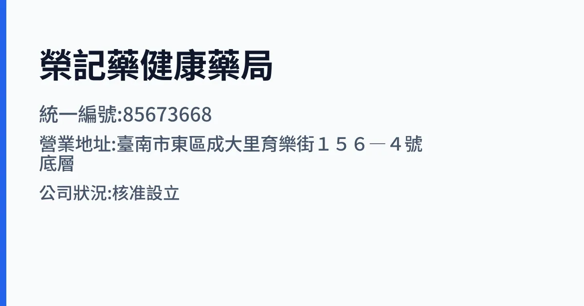 榮記藥健康藥局 - 統編 85673668(臺南市) 公司登記資料與營業項目詳細圖表