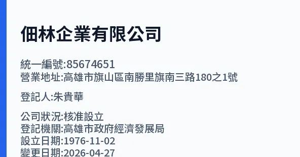 佃林企業有限公司的照片-統編 85674651(高雄市) 公司登記資料與營業項目詳細圖表
