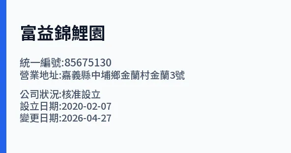 富益錦鯉園的照片-統編 85675130(嘉義縣) 公司登記資料與營業項目詳細圖表