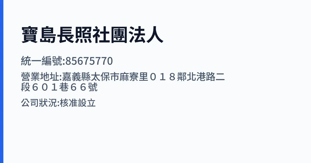 寶島長照社團法人 - 統編 85675770(嘉義縣) 公司登記資料與營業項目詳細圖表