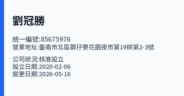 劉冠勝的照片-統編 85675976(臺南市) 公司登記資料與營業項目詳細圖表