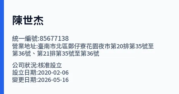 陳世杰的照片-統編 85677138(臺南市) 公司登記資料與營業項目詳細圖表