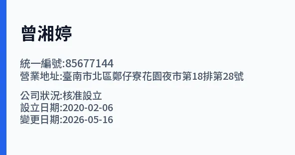 曾湘婷的照片-統編 85677144(臺南市) 公司登記資料與營業項目詳細圖表