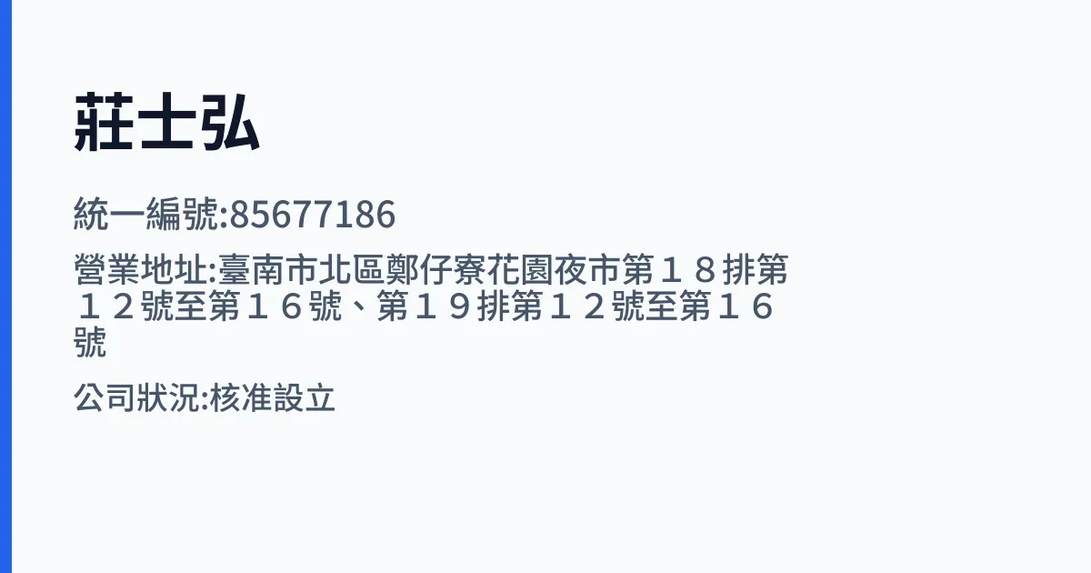 莊士弘 - 統編 85677186(臺南市) 公司登記資料與營業項目詳細圖表